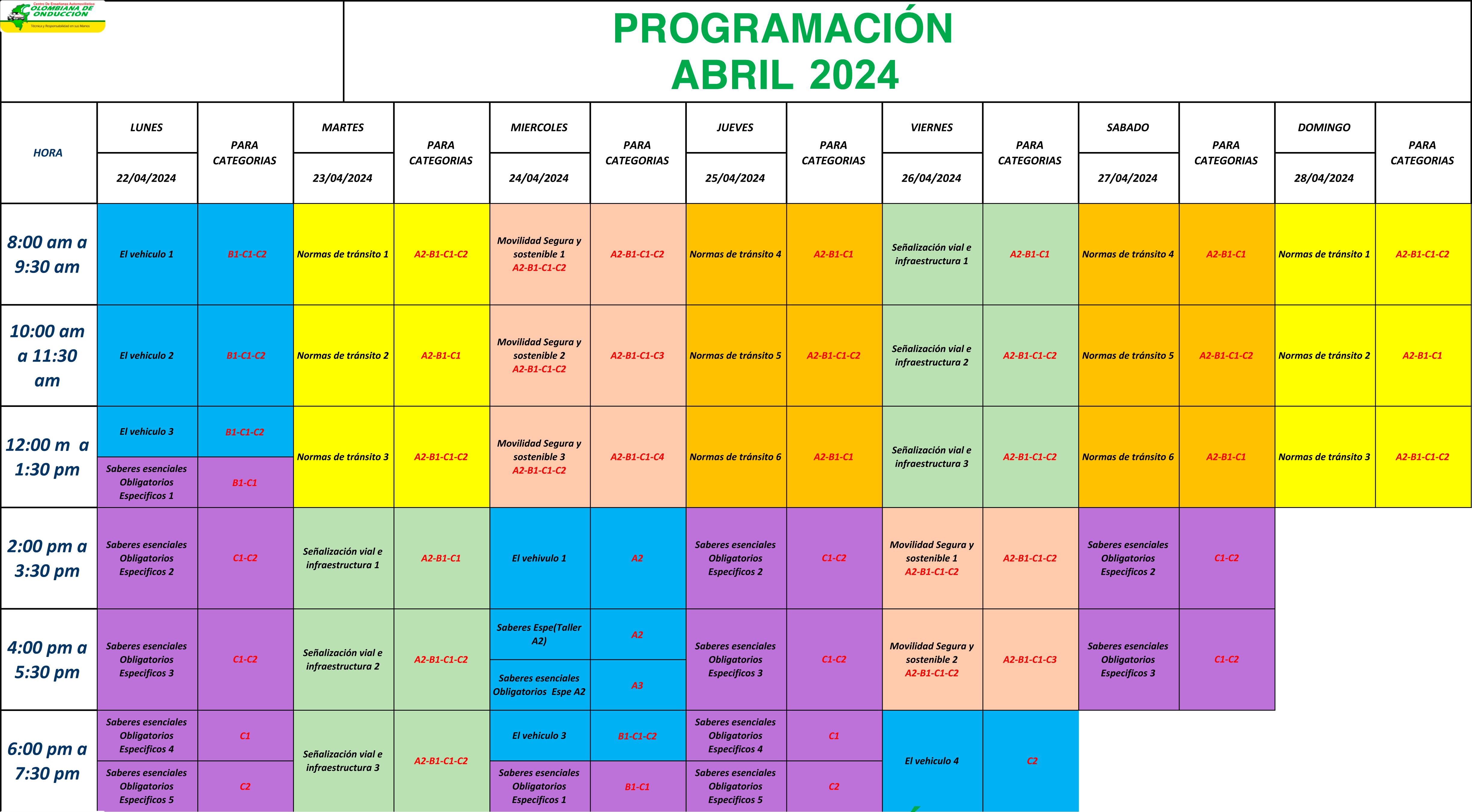 Colombiana de Conducción | Horario de Clases
